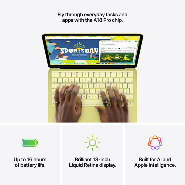 13 hüvelykes MacBook Neo: Apple A18 Pro chip with 6 magos CPU és 5 mag ...